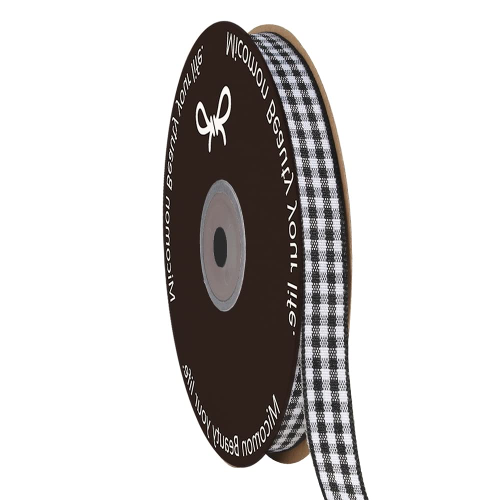 Micomon Buffalo Check Ribbon Black and White Gingham Ribbon 25 Yards for Crafts (3/8", Black)