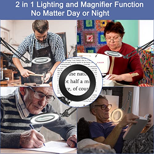 WYZGFRQS 2-in-1 Magnifying Glass with Light, 5X Magnifying Glass with Light and Stand & Clamp, Magnifying Lamp with 72 LED Lights, 3 Modes Stepless Dimmable, Adjustable Swivel Arm