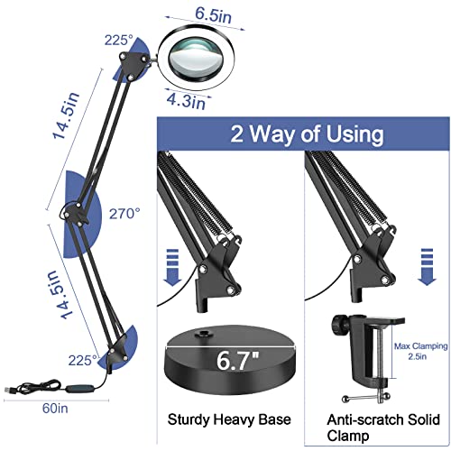 WYZGFRQS 2-in-1 Magnifying Glass with Light, 5X Magnifying Glass with Light and Stand & Clamp, Magnifying Lamp with 72 LED Lights, 3 Modes Stepless Dimmable, Adjustable Swivel Arm
