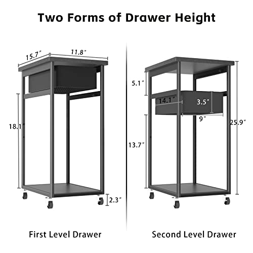 MYDENIMSKY Printer Stand, Computer Tower Stand with Drawer, Desktop Stand with Locable Wheels, Office CPU Stand, Mobile Pedestal Rolling Cabinet, Host Computer Cart Under Desk. (Black)