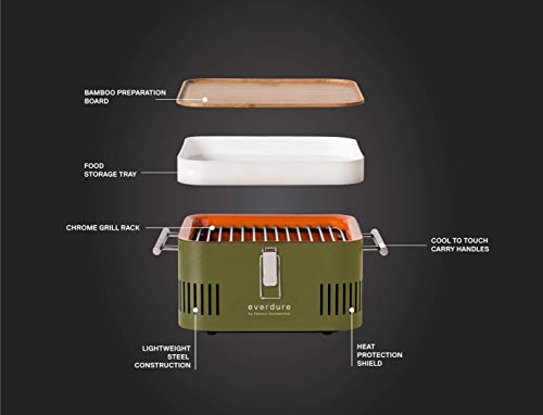Everdure Cube Portable Charcoal Grill, Tabletop BBQ, Perfect Tailgate, Beach, Patio, or Camping Grill, Lightweight & Compact Small Grill with Preparation Board & Food Storage Tray, Khaki
