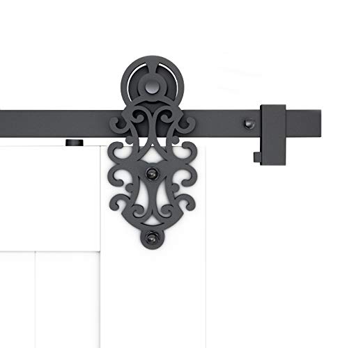 DIYHD TSQ72 8FT Ornate Cut Roller Black Iron Sliding Barn Hardware, Single Door kit