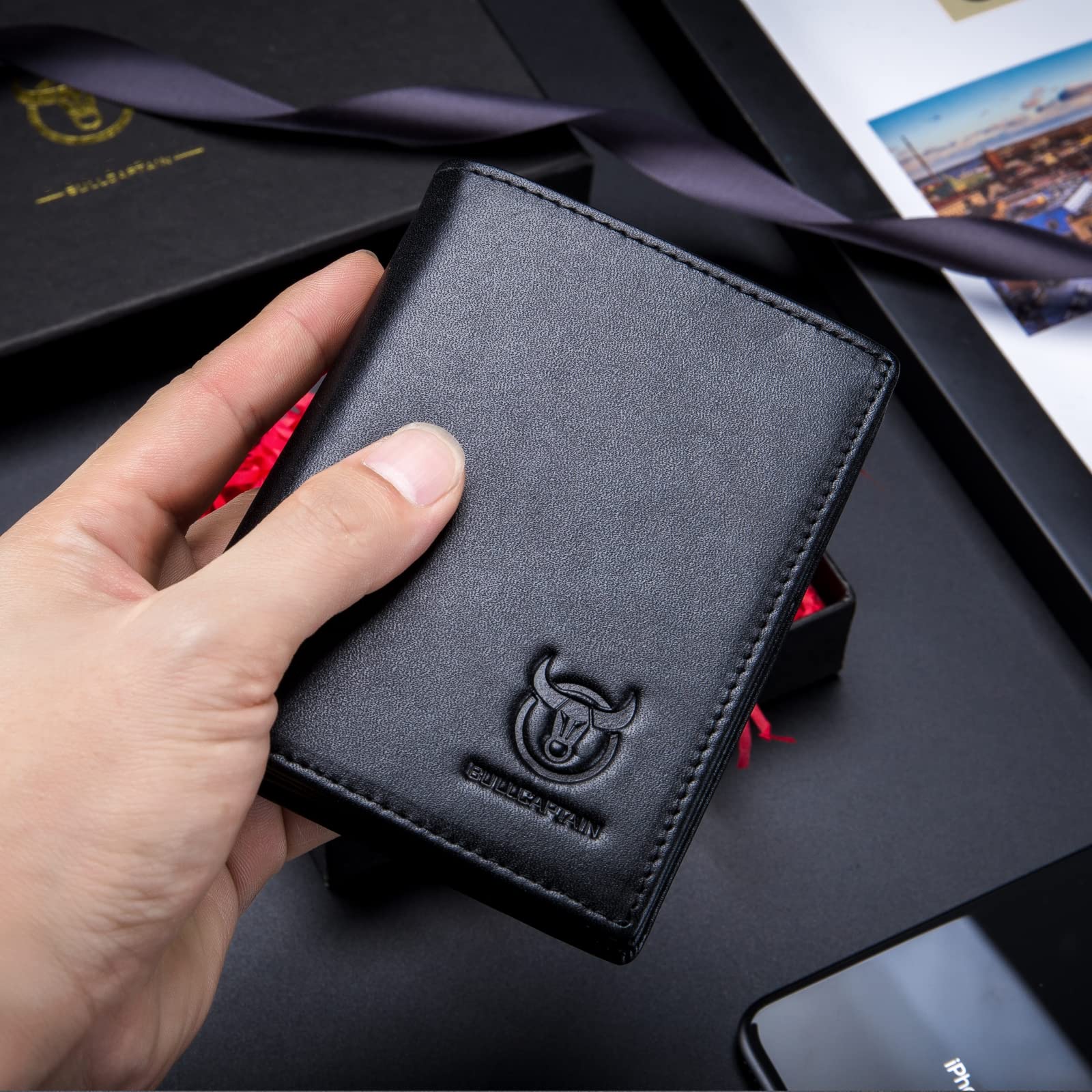 BULLCAPTAIN Large Capacity Genuine Leather Bifold Wallet/Credit Card Holder for Men with 15 Card Slots QB-027 (Black)