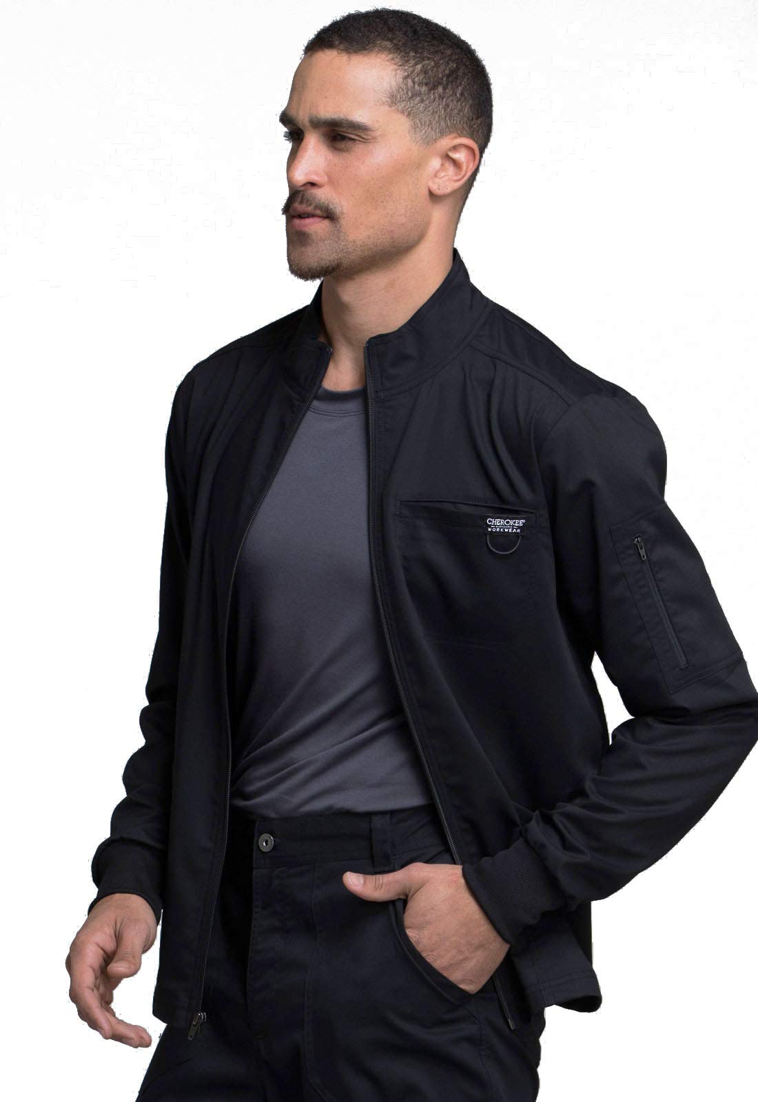 Cherokee Men warm up Scrub Jacket with Zip Front WW320, XL, Black
