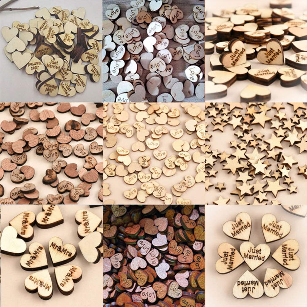 Rustic Wooden 100pcs Wood Love Heart Stars Wedding Table Scatter Decoration Crafts - #4 qsbai