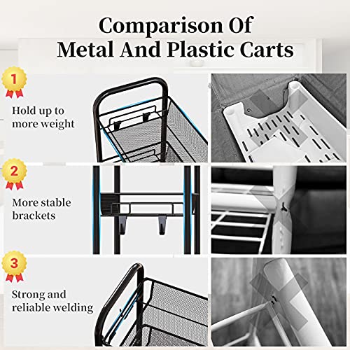 Greensen 3 Tier All-Metal Rolling Cart, Laundry Office Bathroom Storage Organizer Cart with Wheels, Easy-Carry and Assembly Mesh Trolley Cart with Practical Bucket and Hooks, Slide-Out Narrow Shelf