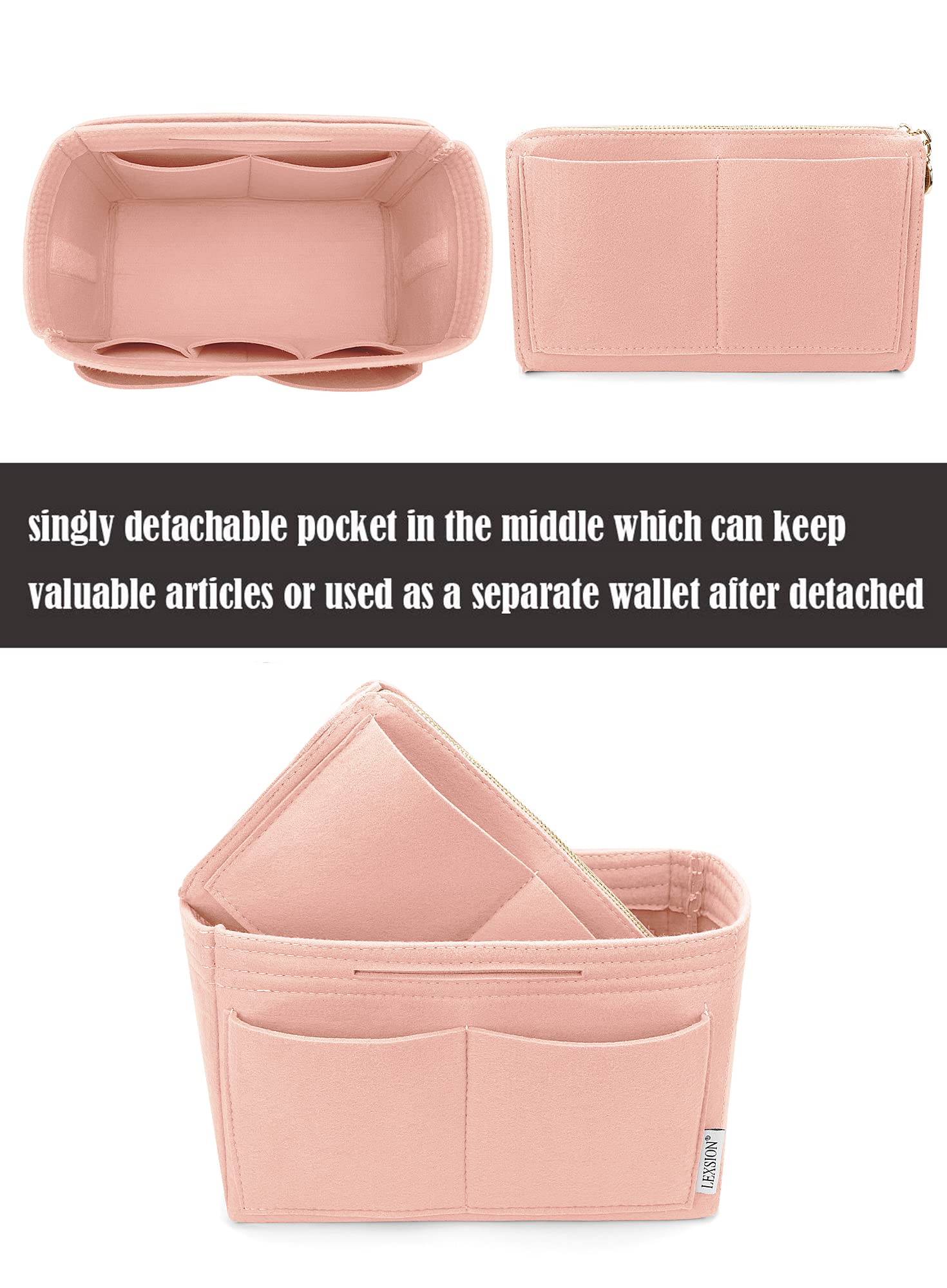 LEXSION Felt Purse Bag Organizer Insert with zipper Bag Tote Shaper Fit Speedy Neverful PM MM 8021 Pink L