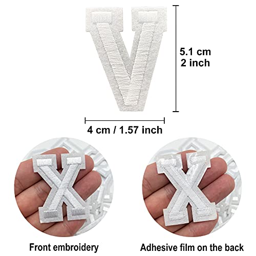 Jongdari Iron on Letters, 52 Pcs Alphabet Patches with Ironed Adhesive, Decorate Repair Patches for Shirts Jackets Hats Jeans Shoes Bags(White)