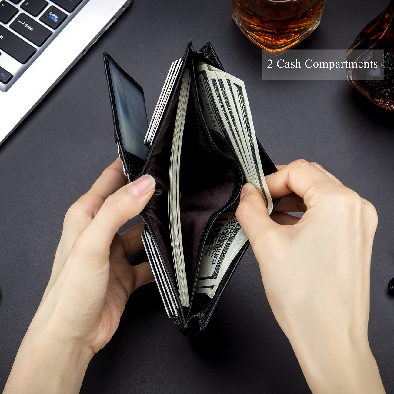 BULLCAPTAIN Large Capacity Genuine Leather Bifold Wallet/Credit Card Holder for Men with 15 Card Slots QB-027 (Black)