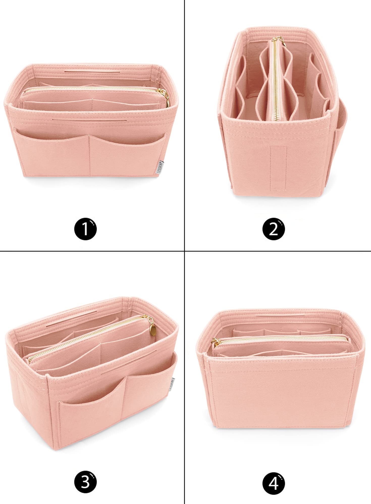 LEXSION Felt Purse Bag Organizer Insert with zipper Bag Tote Shaper Fit Speedy Neverful PM MM 8021 Pink L