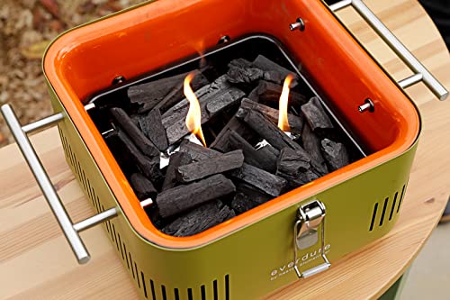 Everdure Cube Portable Charcoal Grill, Tabletop BBQ, Perfect Tailgate, Beach, Patio, or Camping Grill, Lightweight & Compact Small Grill with Preparation Board & Food Storage Tray, Khaki