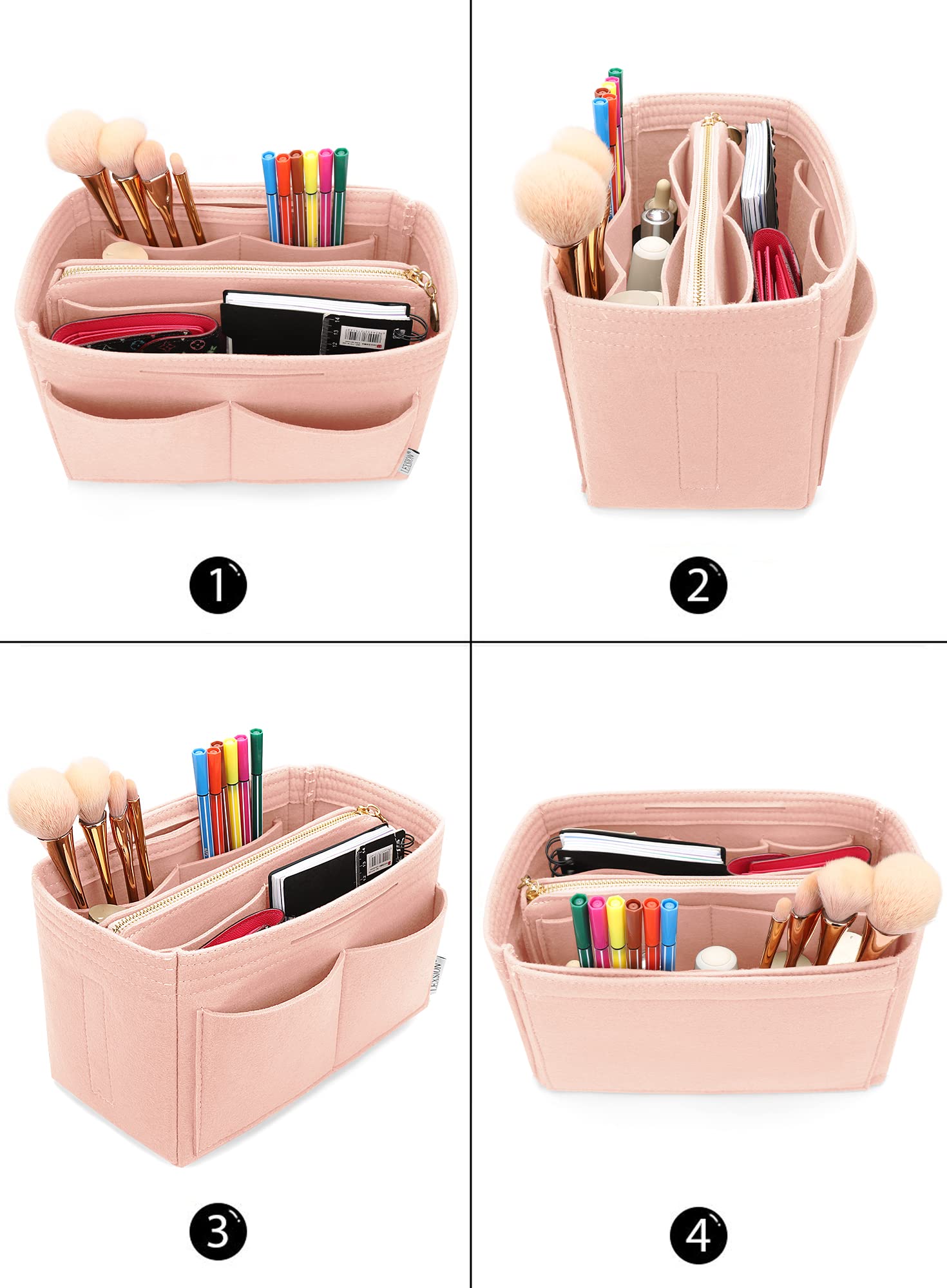 LEXSION Felt Purse Bag Organizer Insert with zipper Bag Tote Shaper Fit Speedy Neverful PM MM 8021 Pink L