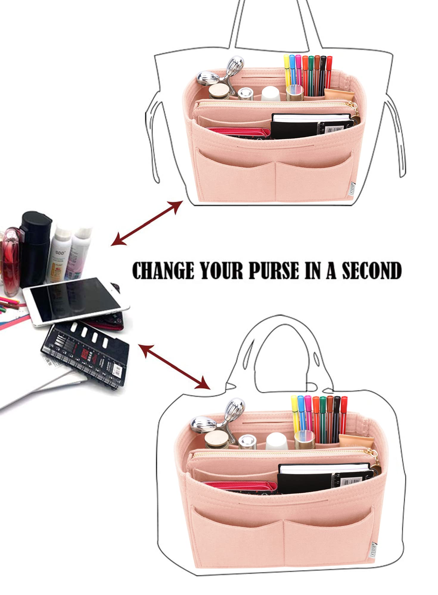 LEXSION Felt Purse Bag Organizer Insert with zipper Bag Tote Shaper Fit Speedy Neverful PM MM 8021 Pink L