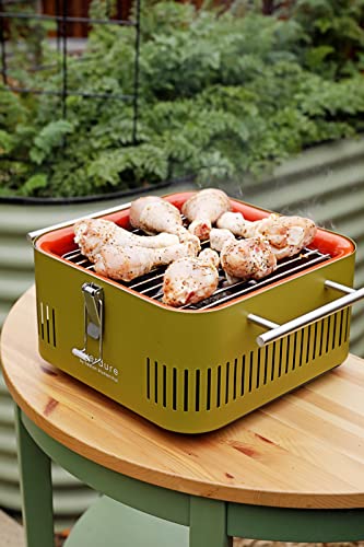 Everdure Cube Portable Charcoal Grill, Tabletop BBQ, Perfect Tailgate, Beach, Patio, or Camping Grill, Lightweight & Compact Small Grill with Preparation Board & Food Storage Tray, Khaki