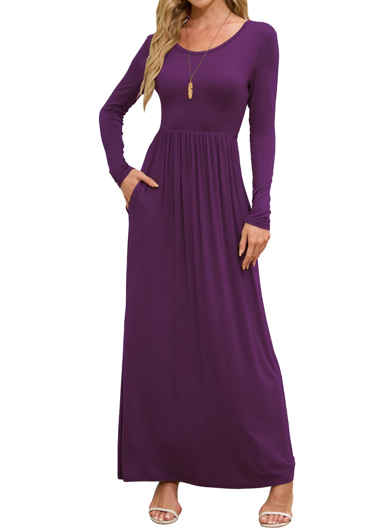 DEARCASE Maxi Dress for Women Purple Small Crewneck Long Sleeves Wedding Guest A-line Plain Casual Empire Waist Flowy Party Vintage Spring Fall Winter Floor Dresses with Pocket
