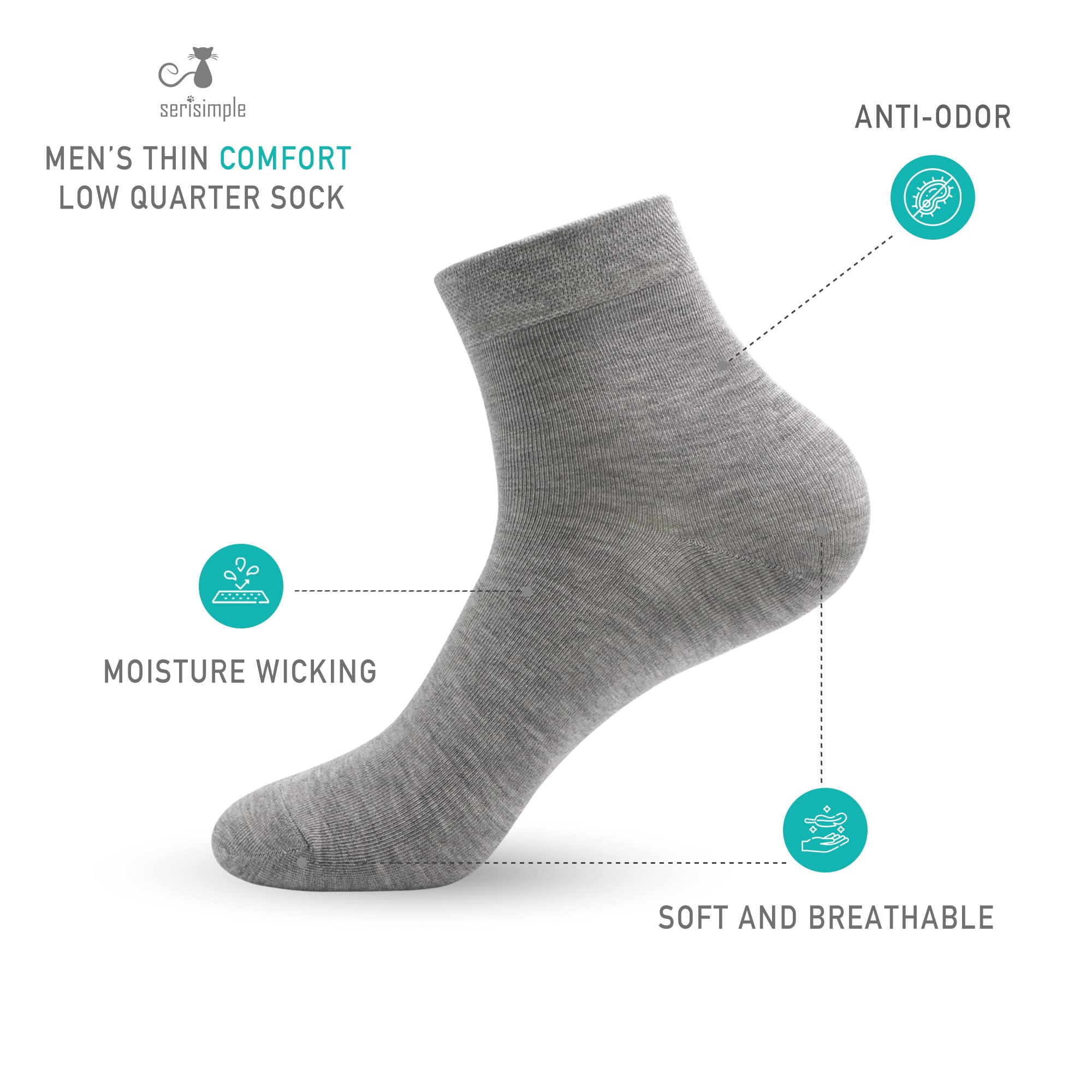 SERISIMPLE Viscose Bamboo Men sock Breathable Sock Quarter Thin Ankle High Sock Comfort Cool soft Sock 5 Pairs (Large,Grey)