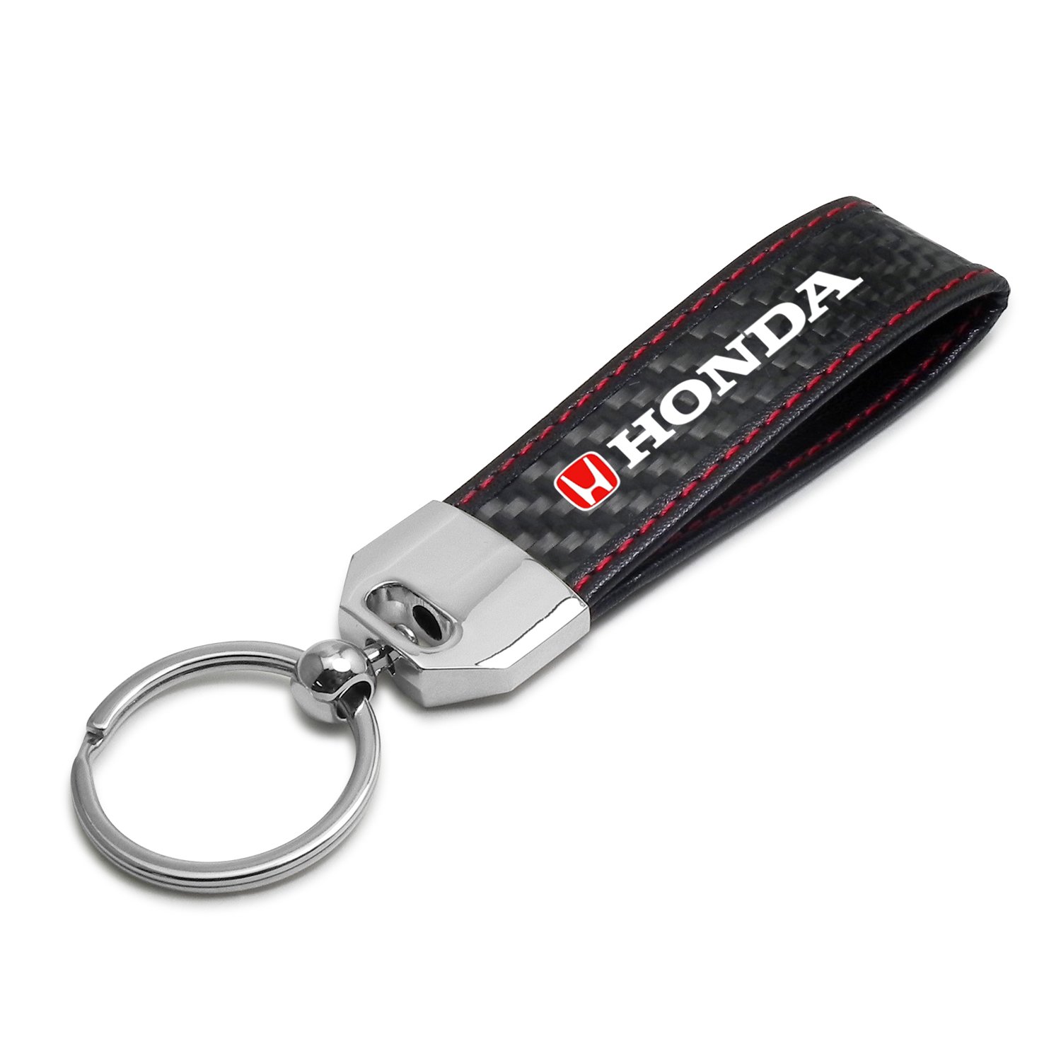 iPick Image Made for Honda Logo in Red Real Black Carbon Fiber Loop Strap Key Chain with Red Stitching