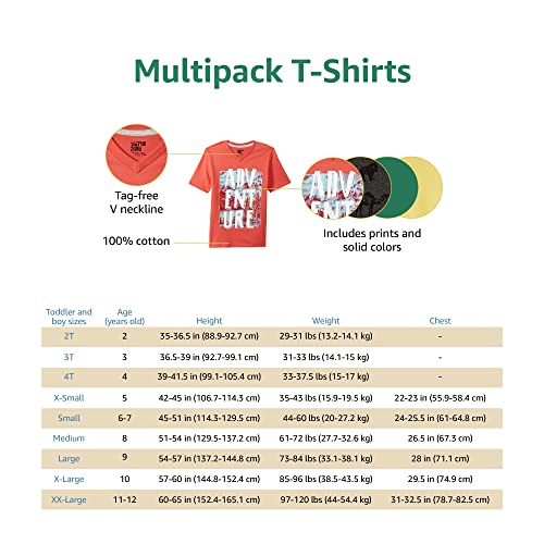 Amazon Essentials Boys' Short-Sleeve V-Neck T-Shirt Tops (Previously Spotted Zebra), Pack of 4, Jade Green/Pale Yellow/Charcoal, Animal, Large