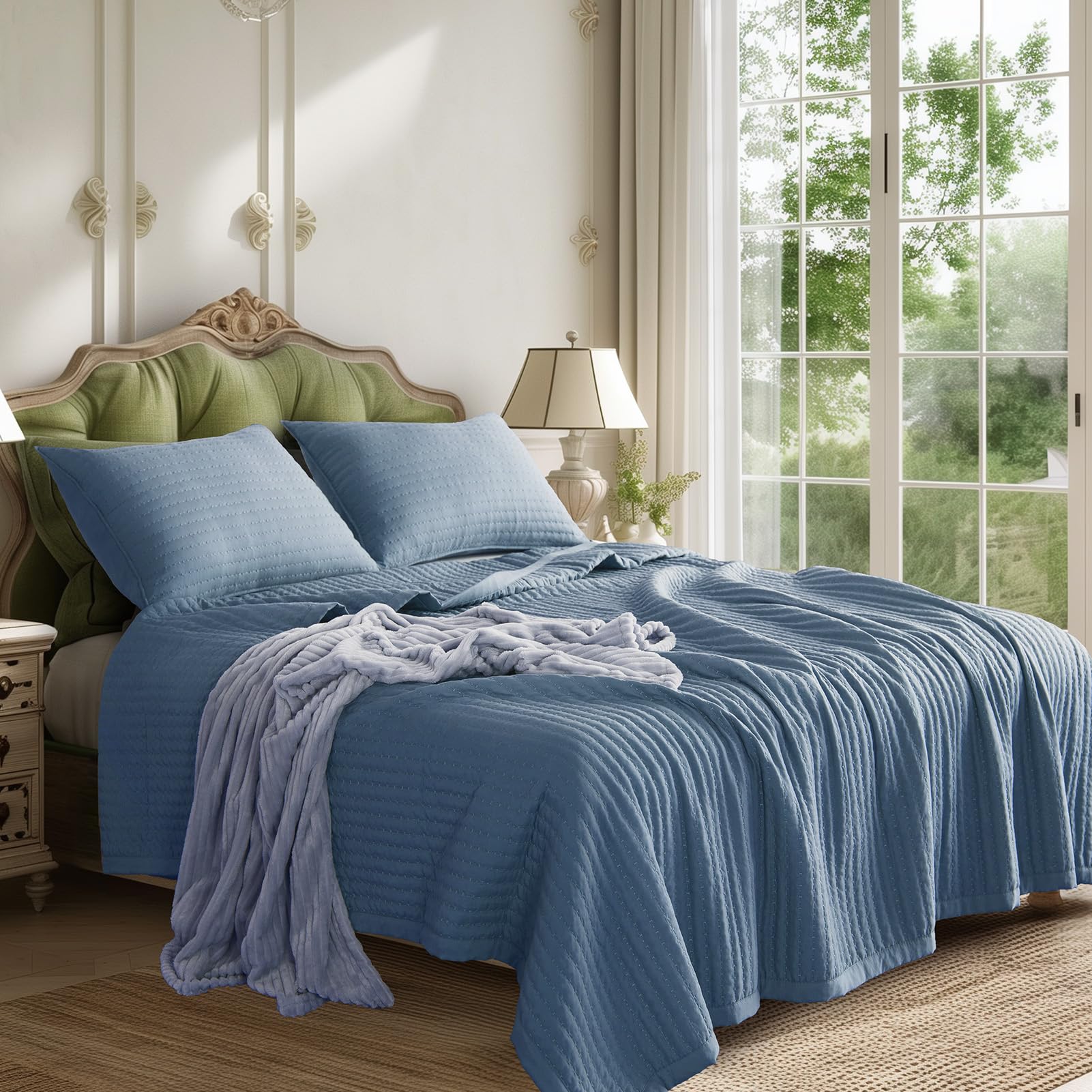 KASENTEX Quilt Mini Set-Stone Washed-Super Soft Bedspread-Light Weight-White Down Alternative Microfiber Fill-Machine Washable-Solid Colors, 2 King Shams, Blue