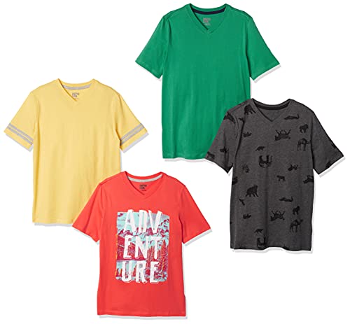 Amazon Essentials Boys' Short-Sleeve V-Neck T-Shirt Tops (Previously Spotted Zebra), Pack of 4, Jade Green/Pale Yellow/Charcoal, Animal, Large
