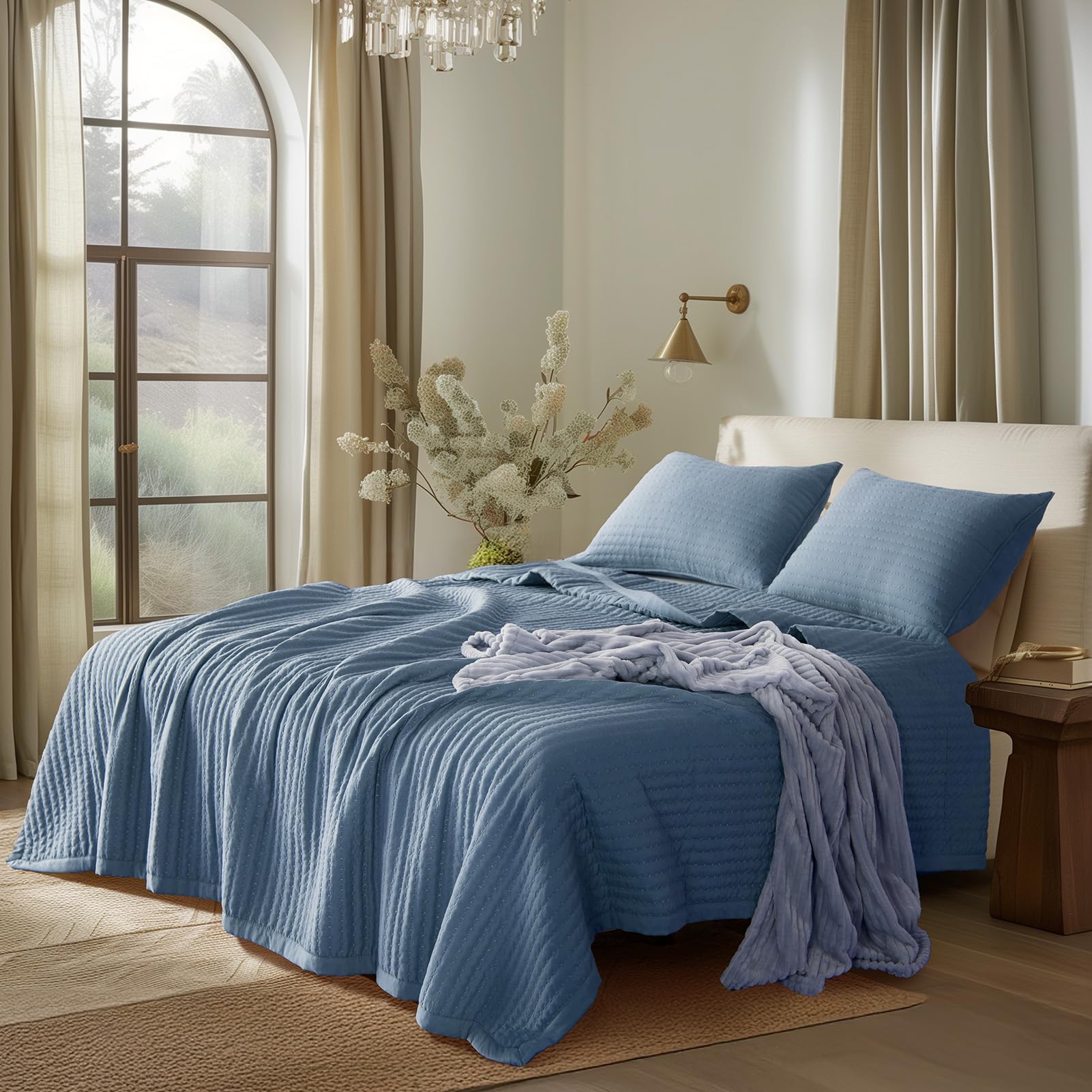 KASENTEX Quilt Mini Set-Stone Washed-Super Soft Bedspread-Light Weight-White Down Alternative Microfiber Fill-Machine Washable-Solid Colors, 2 King Shams, Blue