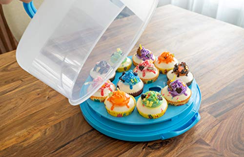 Red Co. 11 inch Cake & Cupcake Muffin Carrier Holder with Collapsible Handles, Blue Tray/Clear Lid