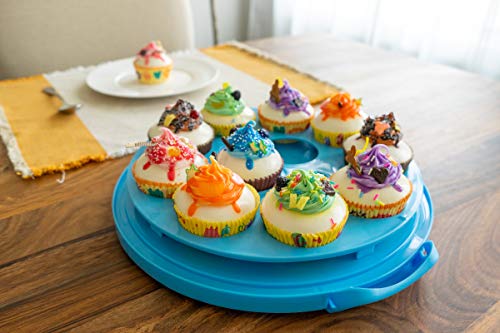 Red Co. 11 inch Cake & Cupcake Muffin Carrier Holder with Collapsible Handles, Blue Tray/Clear Lid