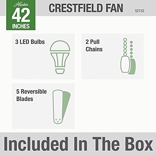 Hunter Crestfield Indoor Low Profile Ceiling Fan with LED Light and Pull Chain Control, 42", Noble Bronze