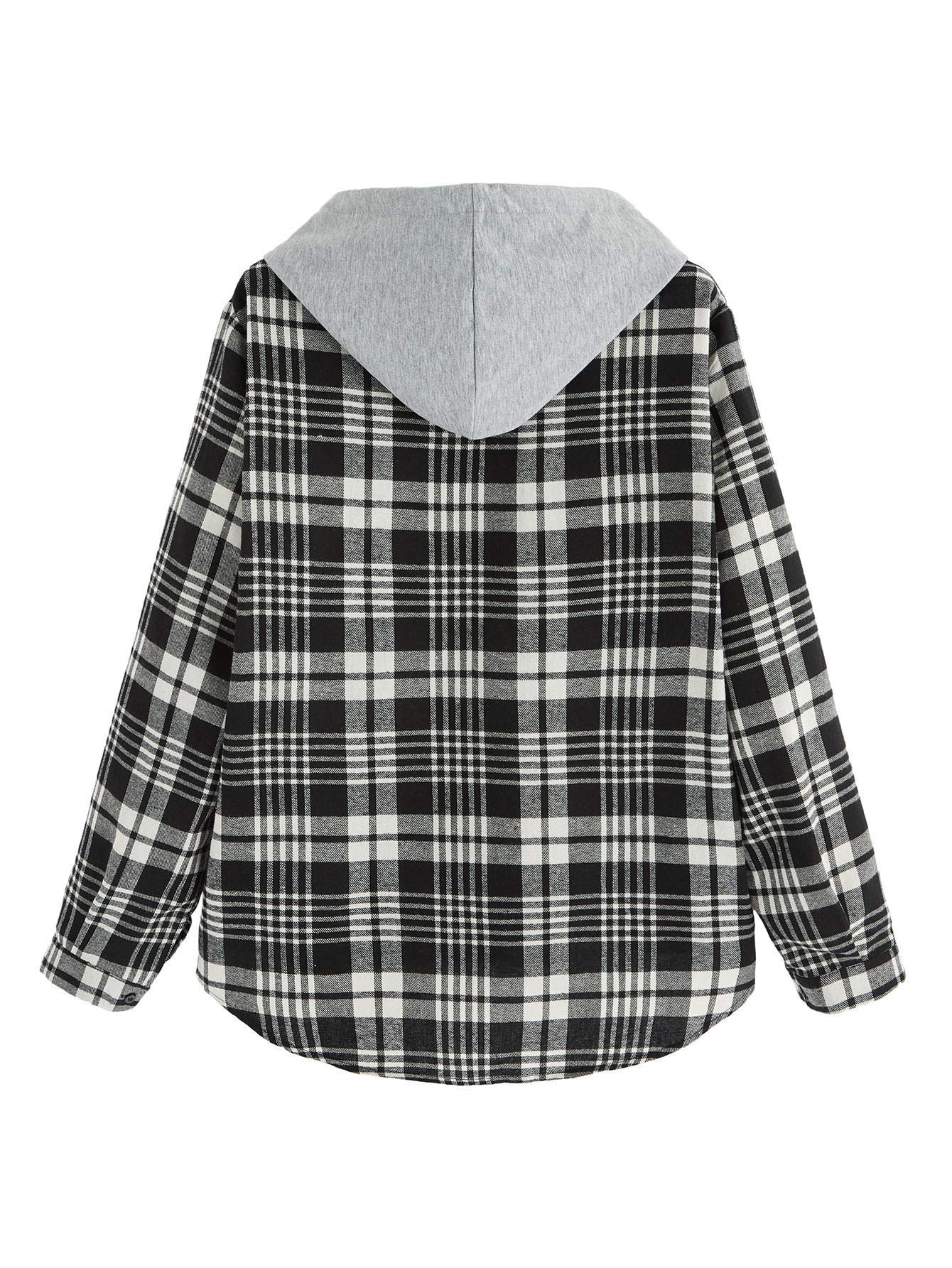 SweatyRocks Women's Long Sleeve Plaid Hoodie Jacket Button Down Blouse Tops Black White Medium
