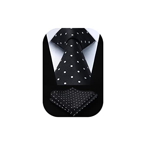Polka Dot Ties for Men Black Tie and Pocket Square Set Classic Woven Formal Business Necktie Handkerchief for Wedding Party