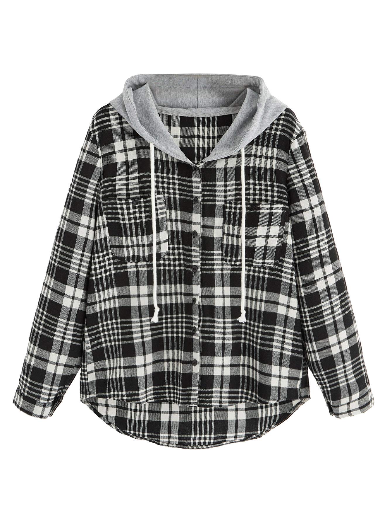 SweatyRocks Women's Long Sleeve Plaid Hoodie Jacket Button Down Blouse Tops Black White Medium