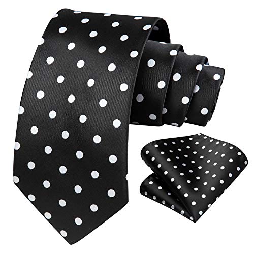 Polka Dot Ties for Men Black Tie and Pocket Square Set Classic Woven Formal Business Necktie Handkerchief for Wedding Party