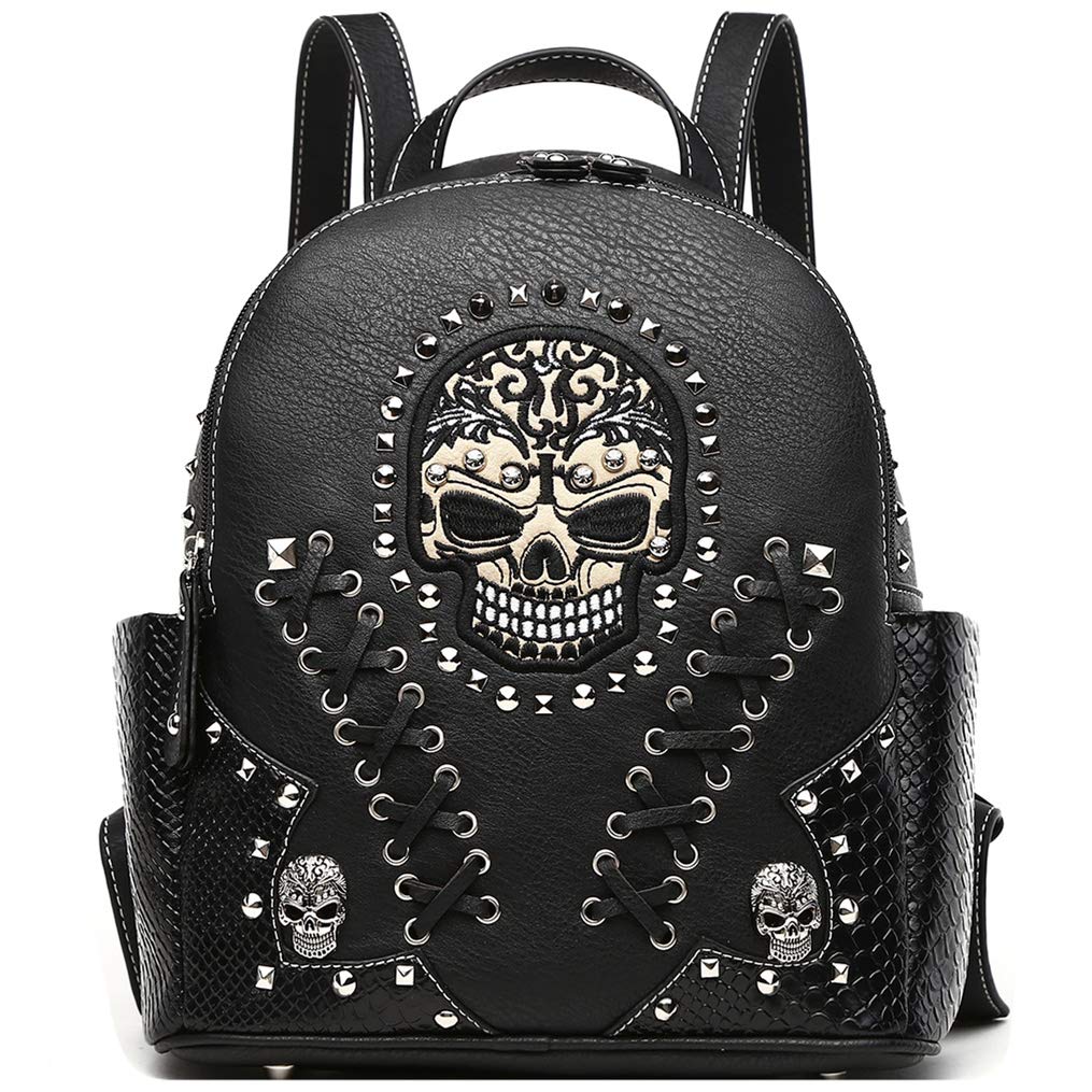 Sugar Skull Punk Art Rivet Studded Biker Purse Women Fashion Backpack Bookbag Python Daypack Shoulder Bag (Black)