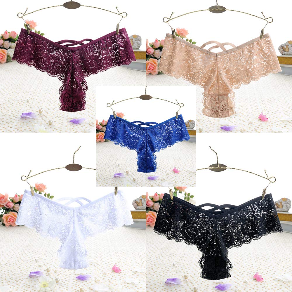 5 Pack Women's Lace Thongs Bikini Panties Sexy Lingerie Panty G-String Underwear (N+P+B+W+B, XL)