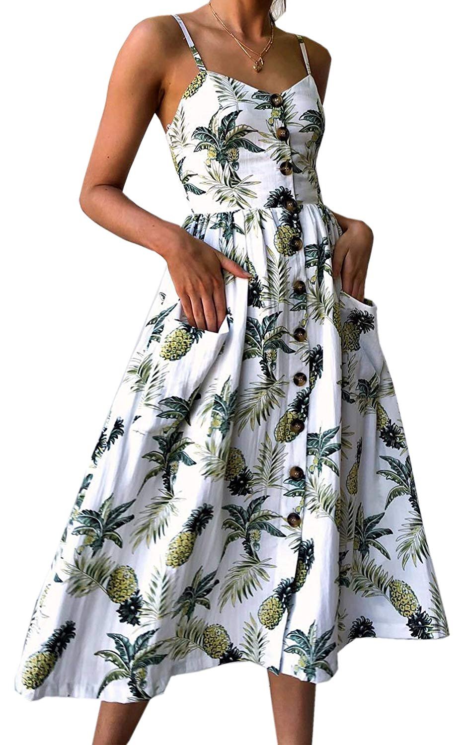 Sundresses for Women Beach Wear Casual Summer Sleeveless Pineapple Hawaiian Vacation Dresses White M