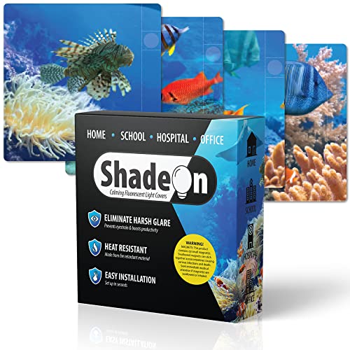 ShadeOn Calming Fluorescent Light Covers (Set of 4, Coral Reef) - Underwater Magnetic Light Filters Ocean for Ceiling Lights Classroom & Office, Fits 2x4 Light Fixtures, Teachers Educational Supplies