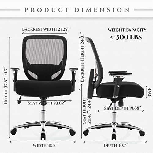 Big and Tall Office Chair 500lbs, Heavy Duty Ergonomic Mesh Chair, Computer Executive Desk Chair with Wide Thick Seat, 4D Armrests, Adjustable Lumbar Support and Tilt-Black