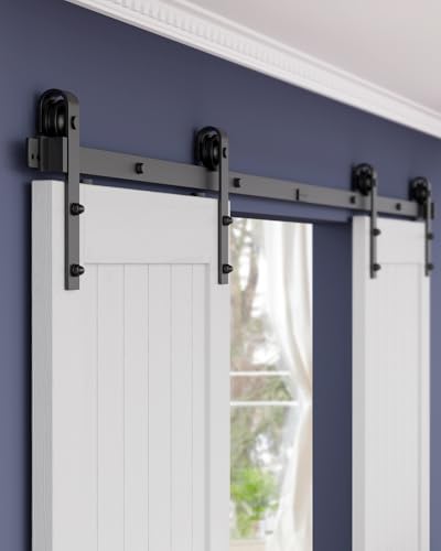 ZEKOO 9 FT Barn Door Hardware Kit for Cabinet Closet, Sliding Door Hardware for Double Barn Door, Heavy Duty Black Barn Door Track with Steel Hanger, Slide Smoothly Quietly, Easy Install