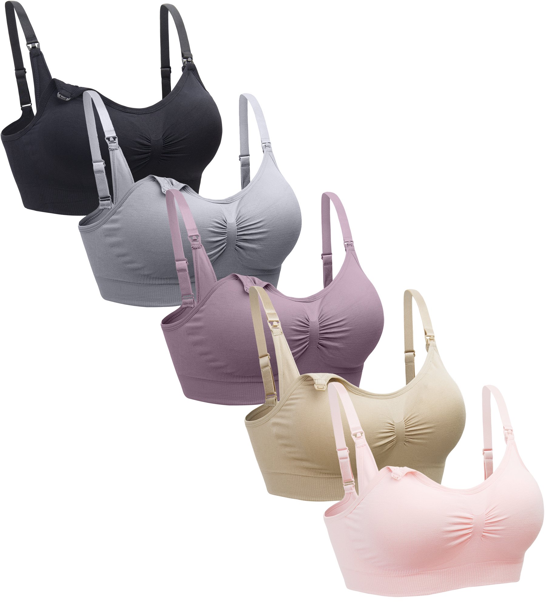 Suekaphin 5PACK Nursing Bra Wireless Bra Women's Sleeping Maternity Bra Breastfeeding Bra,X-Large,Black/Nude/Purplebean/SoftPink/Gray