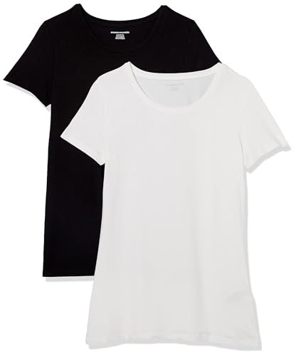 Amazon Essentials Women's Classic-Fit Short-Sleeve Crewneck T-Shirt, Pack of 2, Black/White, Medium