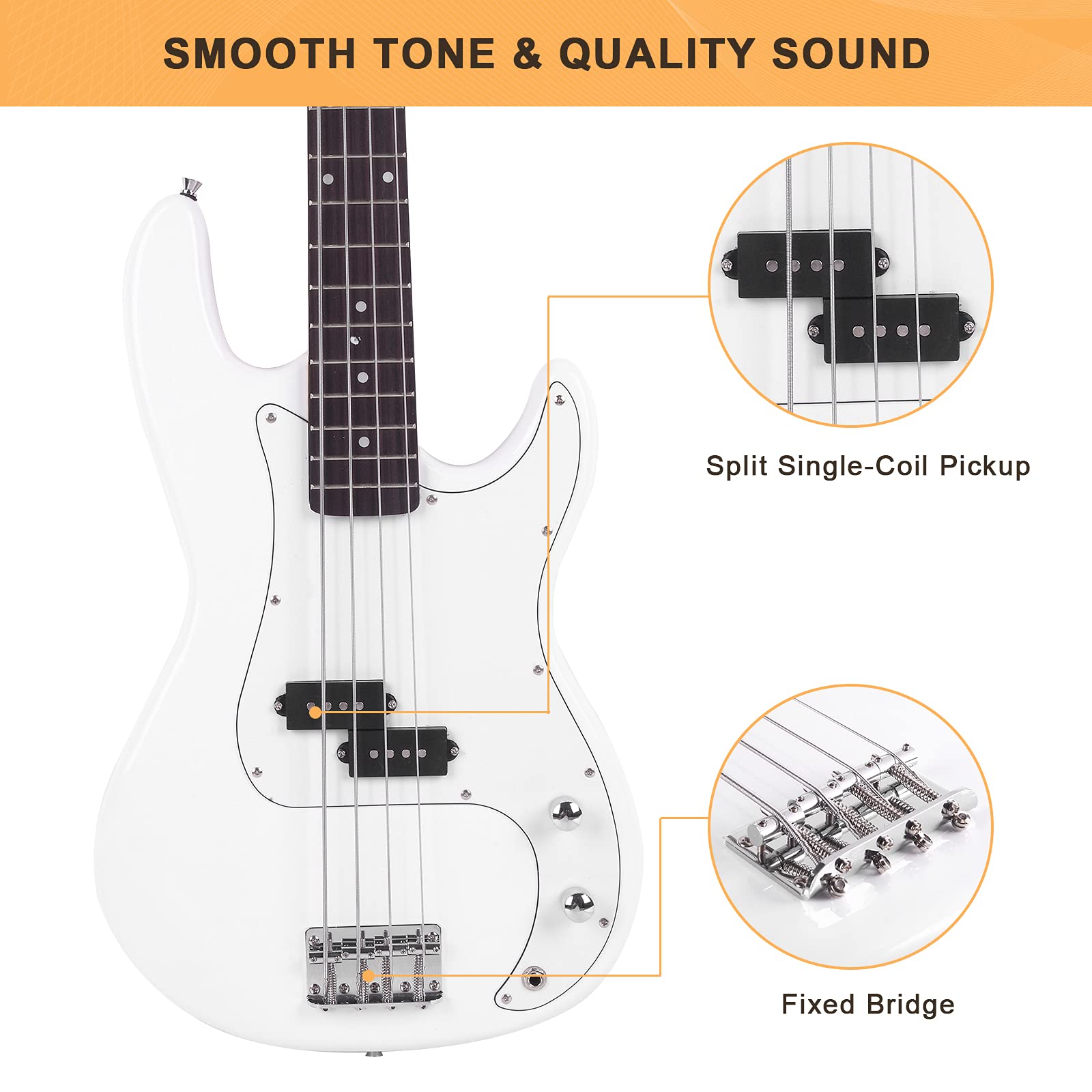 Glarry Electric Bass Guitar Full Size 4 String Rosewood Basswood Fire Style Exquisite Burning Bass (White)