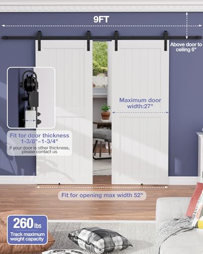 ZEKOO 9 FT Barn Door Hardware Kit for Cabinet Closet, Sliding Door Hardware for Double Barn Door, Heavy Duty Black Barn Door Track with Steel Hanger, Slide Smoothly Quietly, Easy Install