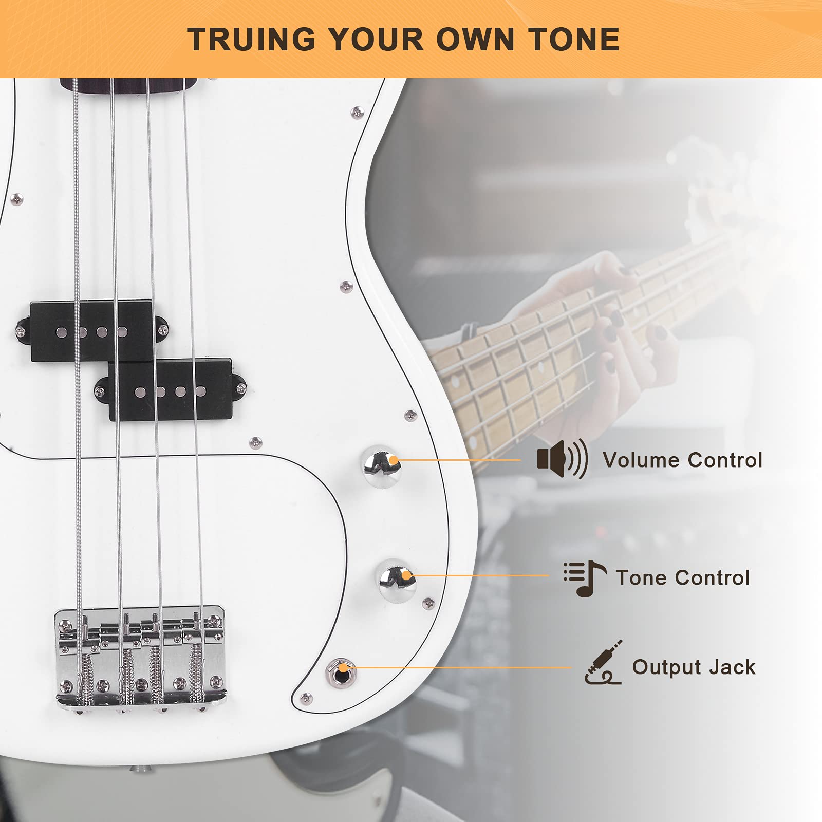 Glarry Electric Bass Guitar Full Size 4 String Rosewood Basswood Fire Style Exquisite Burning Bass (White)