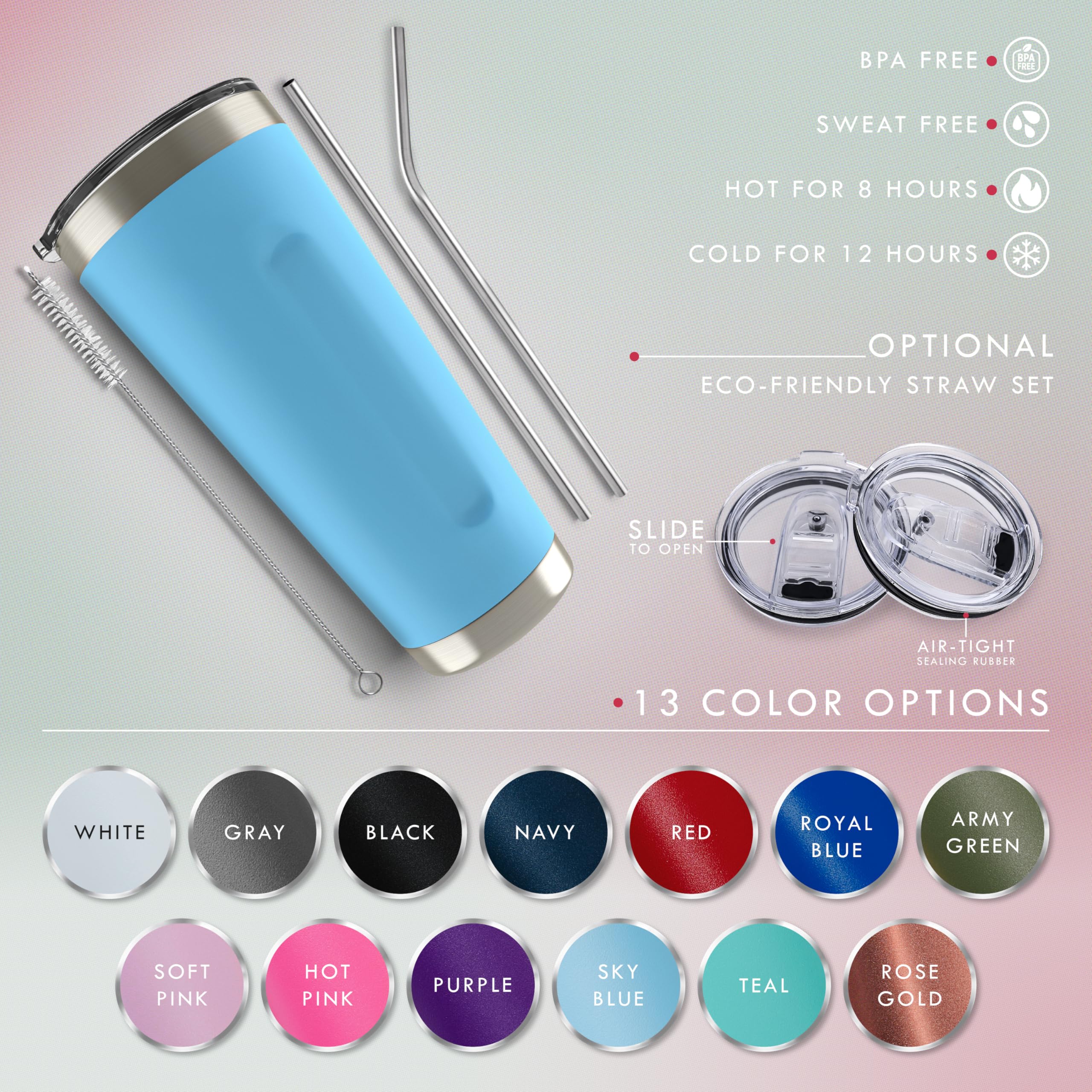 Personalized Tumbler with Engraved Name - 12 Designs, 20 Oz Coffee Tumbler with Slider Lid, Sky Blue, Double Wall Insulated - Custom Gifts for Women