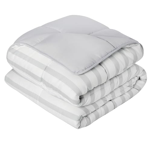 Edredón Acolchado con Plumón Alternativo para Cualquier Temporada Linenspa|Relleno de Microfibra Suave e Hipoalergénico|Gris/Blanco a Raya, Individual