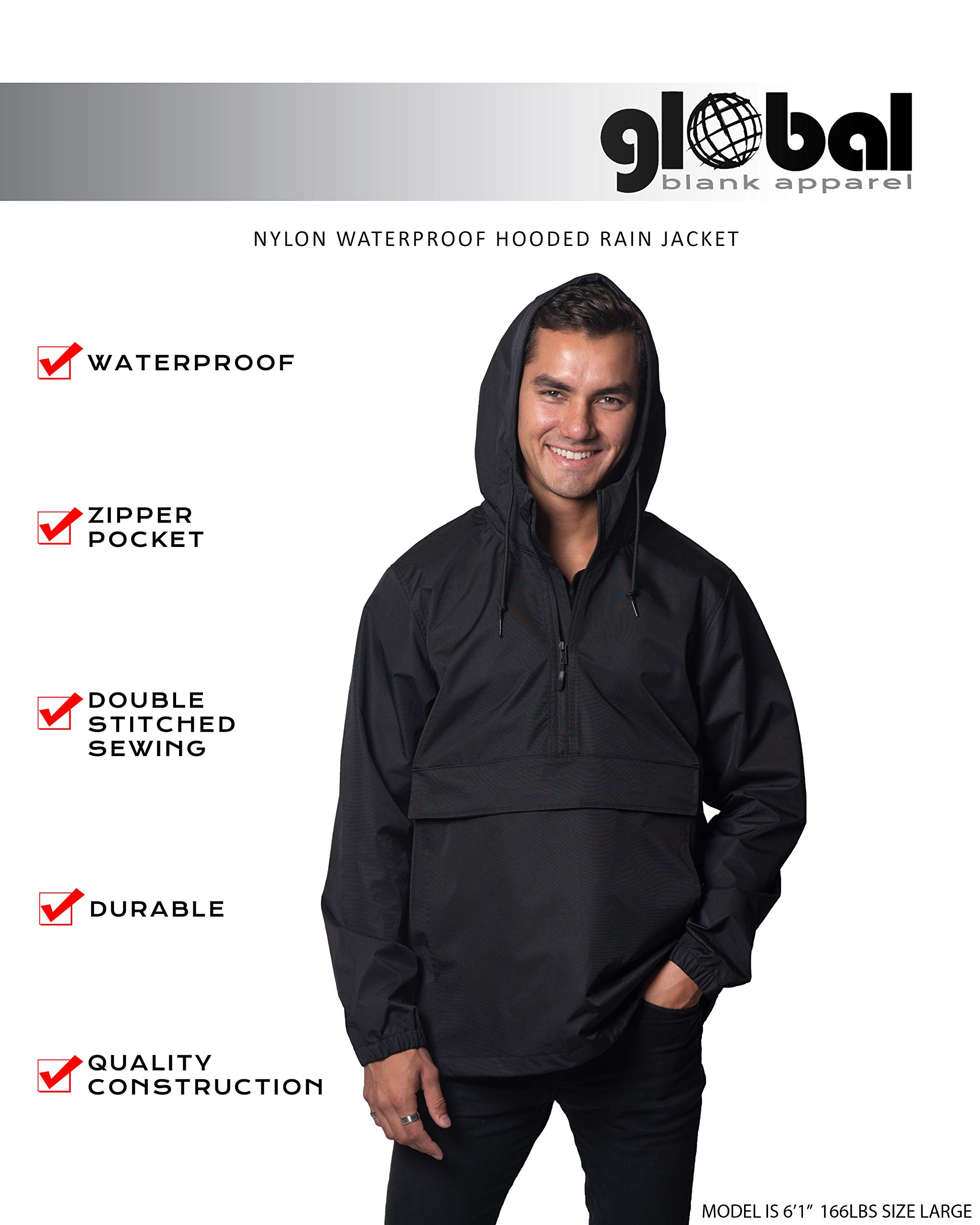 Global Blank Windbreaker Men’s Rain Jacket, Waterproof Hoodie Zip-Up Anorak, Black, Large