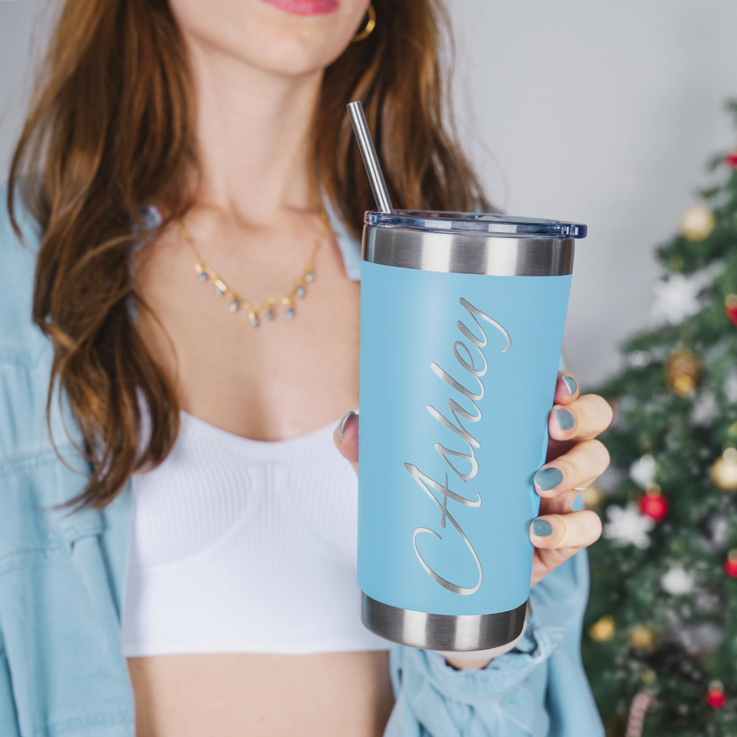Personalized Tumbler with Engraved Name - 12 Designs, 20 Oz Coffee Tumbler with Slider Lid, Sky Blue, Double Wall Insulated - Custom Gifts for Women