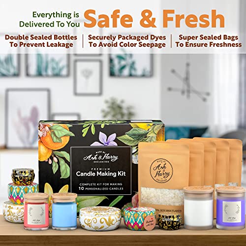 ASH & HARRY (US Based Company Premium Candle Making Kit - Complete DIY Starter Set - Pure Soy Wax, Designer 10 Tin & Glass Jars - 10 CPL Branded Fragrances, Soy Wax Candle Maker Dyes