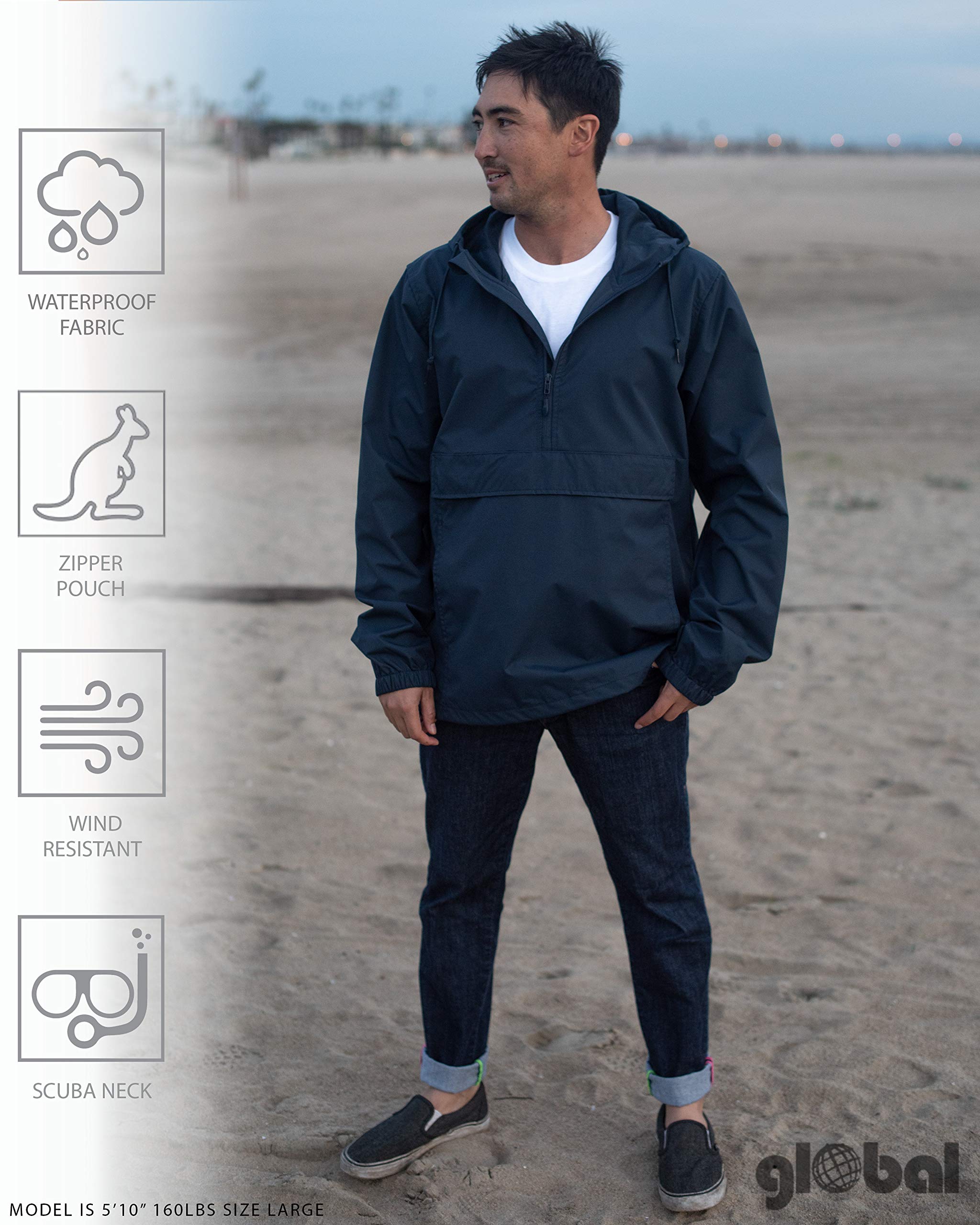 Global Blank Windbreaker Men’s Rain Jacket, Waterproof Hoodie Zip-Up Anorak, Black, Large