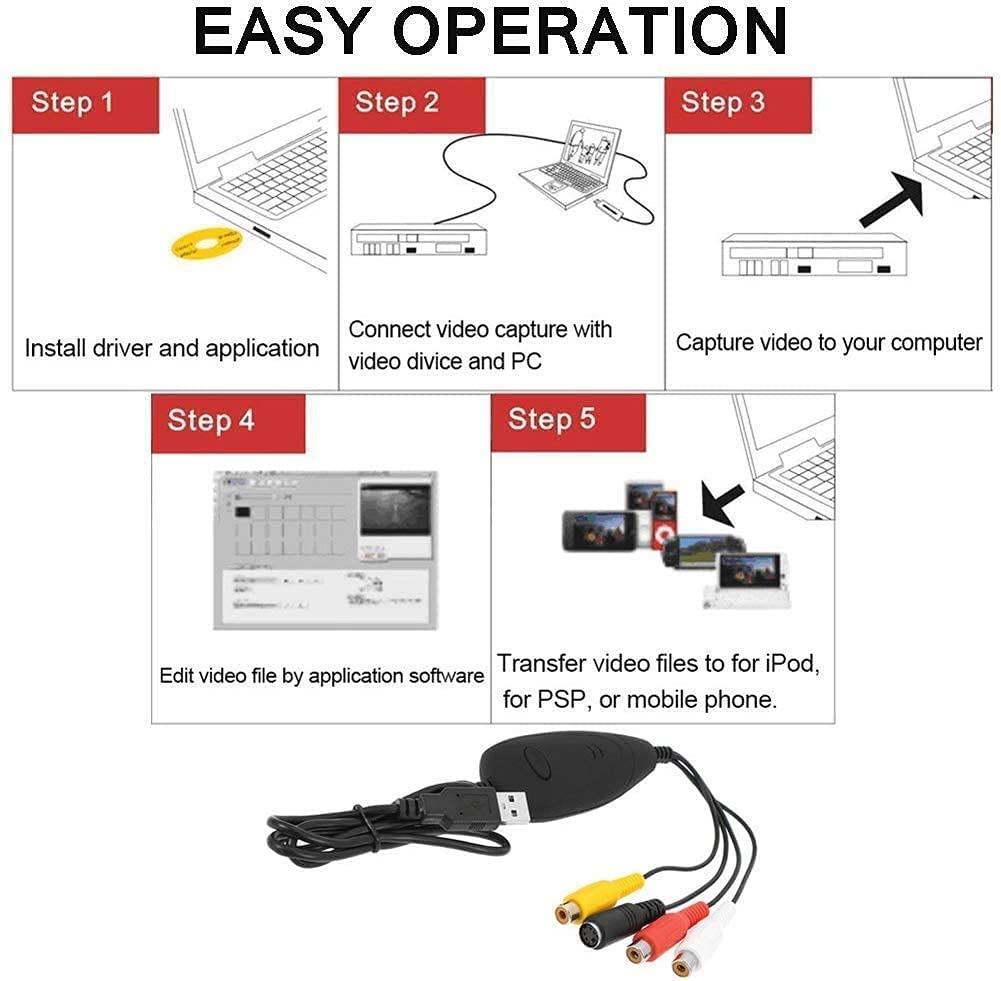 VHS To Digital DVD Converter, USB2.0 Audio/video Capture Grabber Adapter Device,Transfer VCR TV Hi8 Game S video to DVD,Support Windows 10/8.1/8/7/Vista/XP